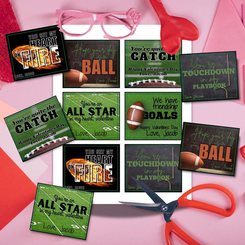 Valentine Favor Tags, Printable Football Valentines, Editable Canva ...