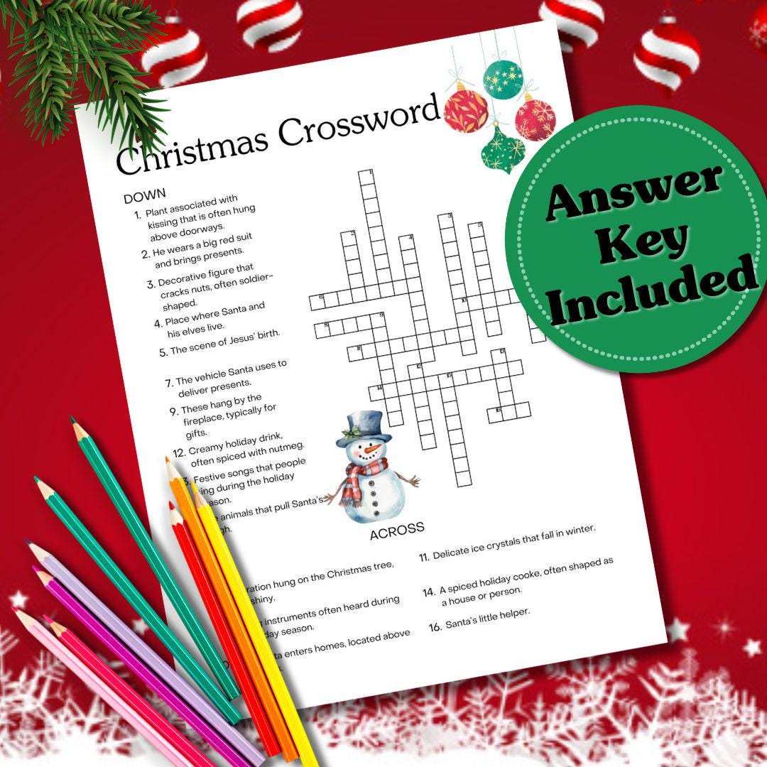 Christmas Crossword, Digital Download, Printable Party Games, Festive ...