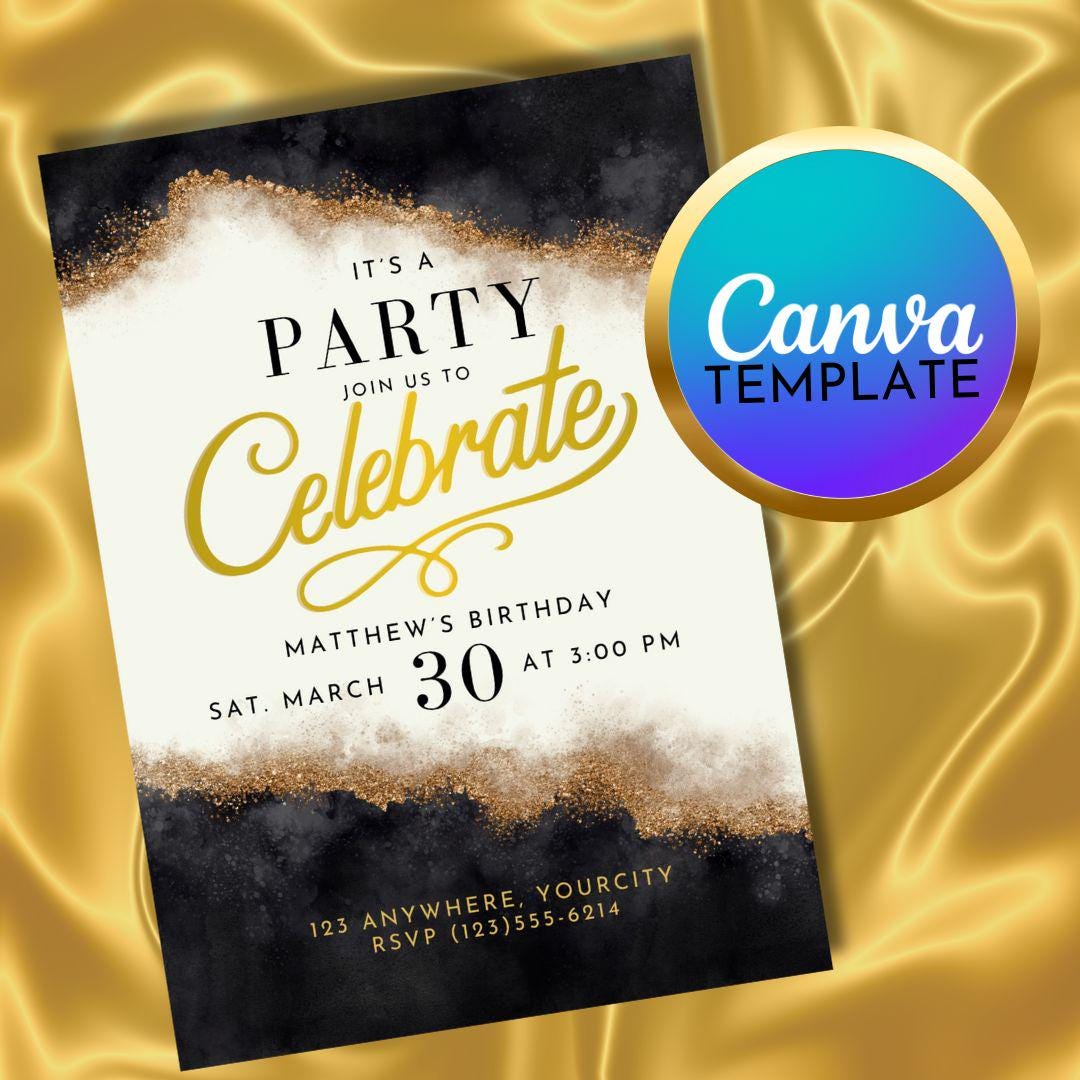 Elegant Party Invitation, Canva Template, Black and Gold Invitation ...