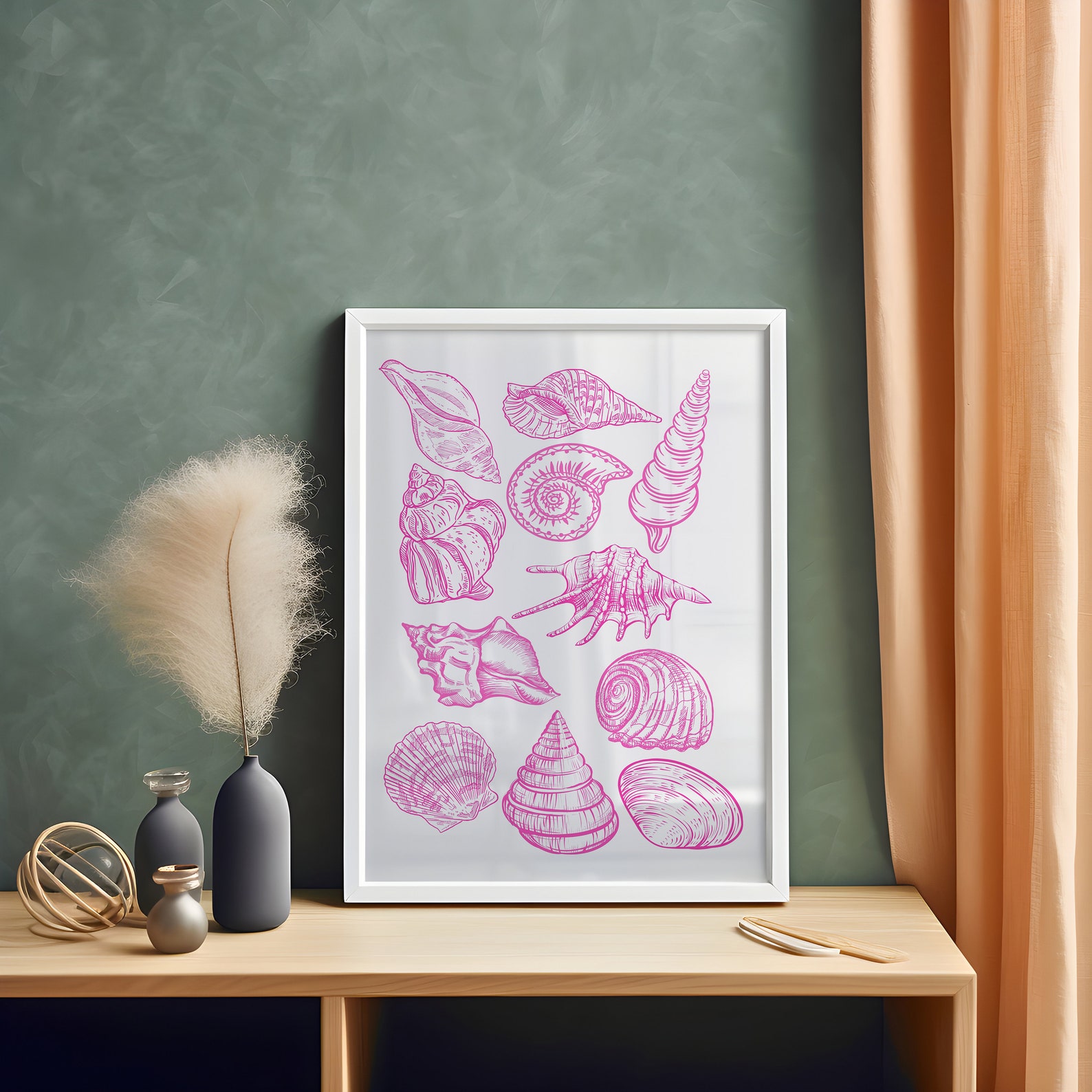 Seashells Pink Print, Vintage Beachy, Seashell Line Art, Coastal ...