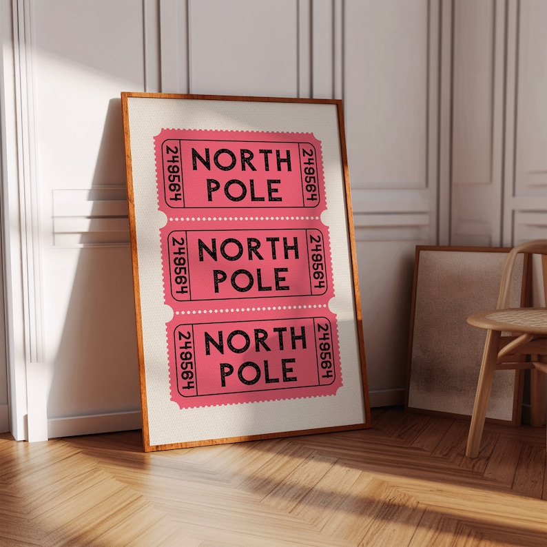 North Pole Ticket Poster, Retro Ticket Wall Art, Pink Christmas Decor ...