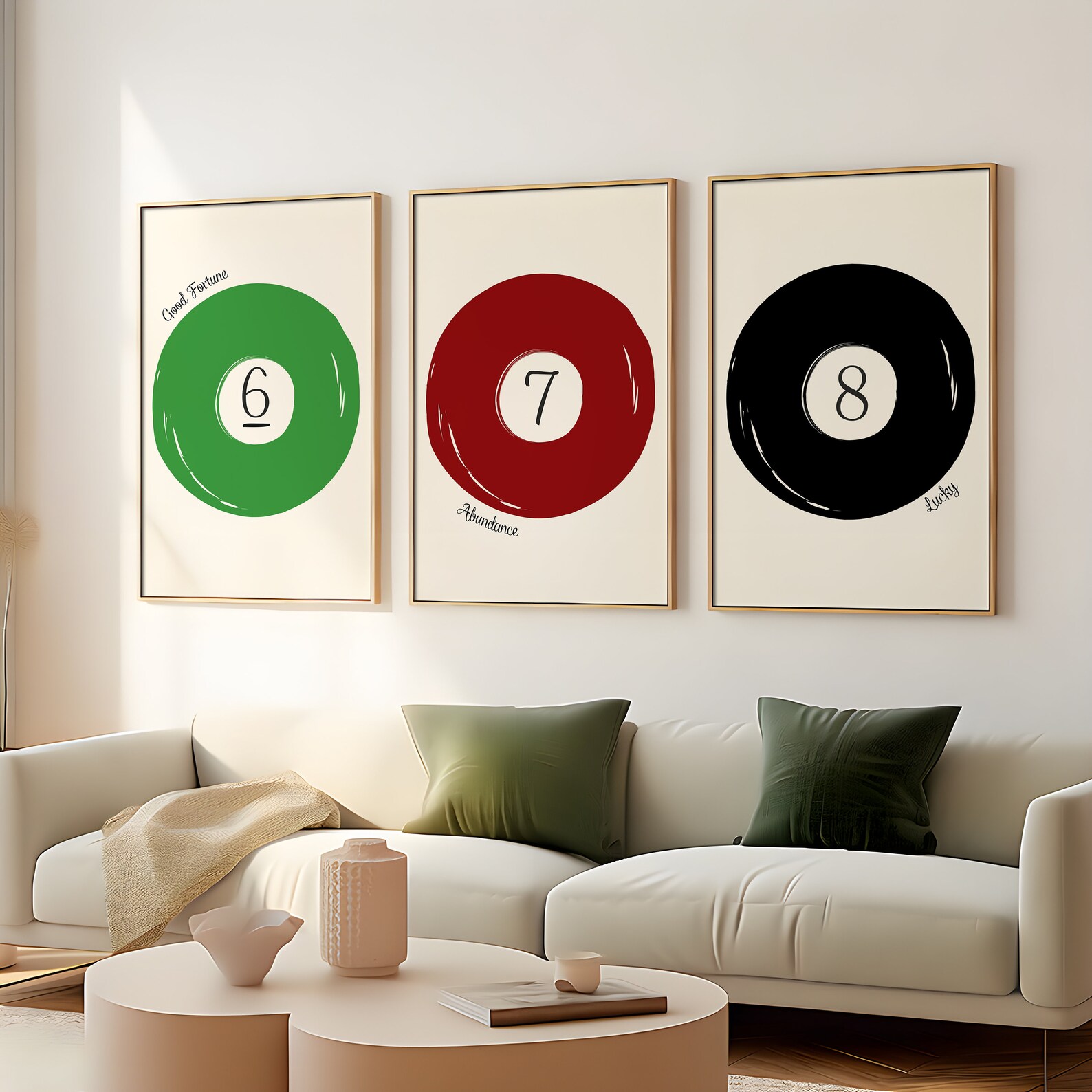 Set of 3 Vintage Pool Ball Prints, Retro Hand-drawn Wall Art, Lucky ...