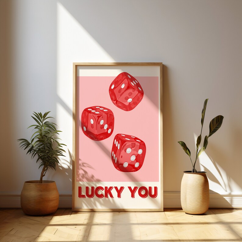 Lucky You Dice Wall Art Print, Trendy Poster, Retro Wall Art, Red Dice ...