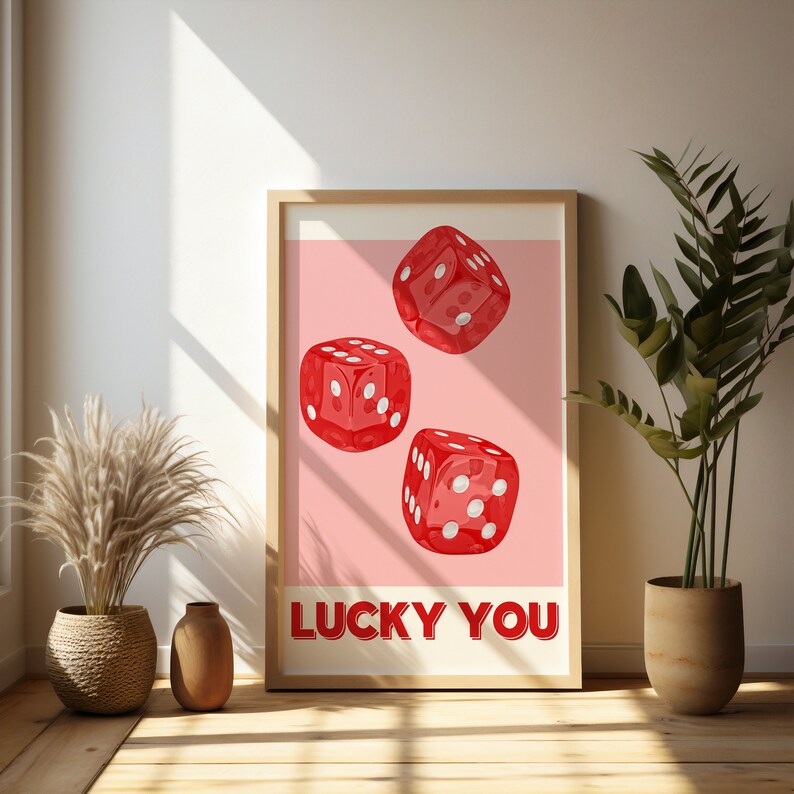 Lucky You Dice Wall Art Print, Trendy Poster, Retro Wall Art, Red Dice ...