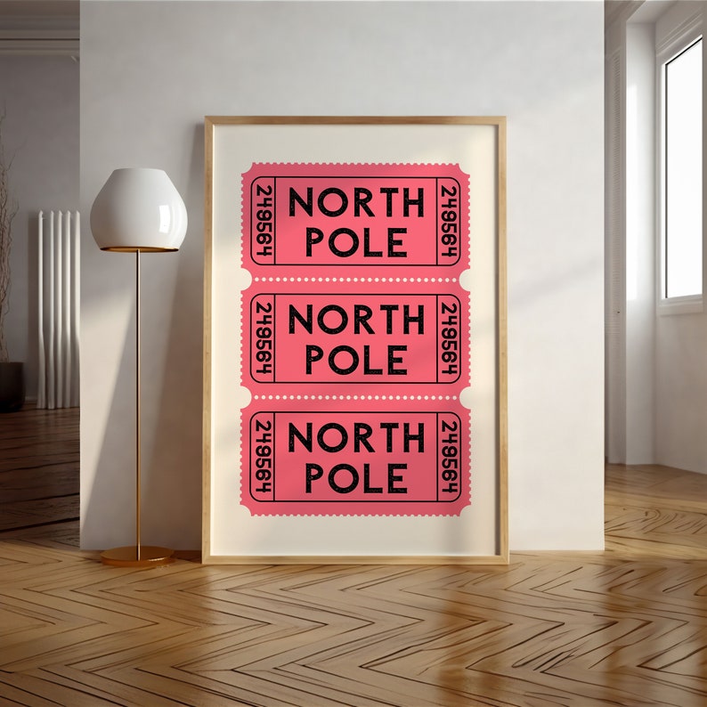 North Pole Ticket Poster, Retro Ticket Wall Art, Pink Christmas Decor ...
