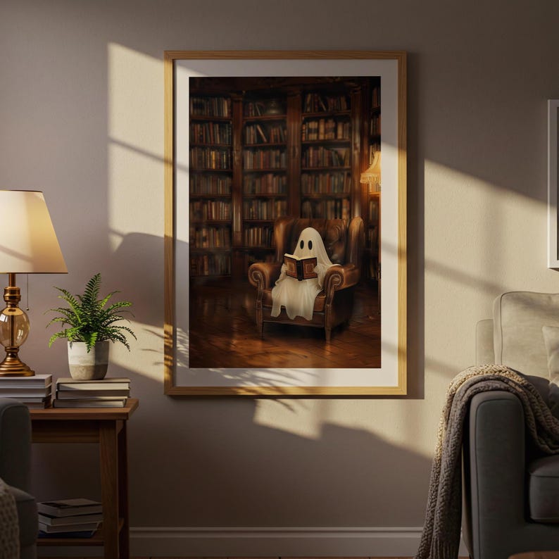 Little Ghost Reading Print, Vintage Halloween Wall Art, Dark Academia ...