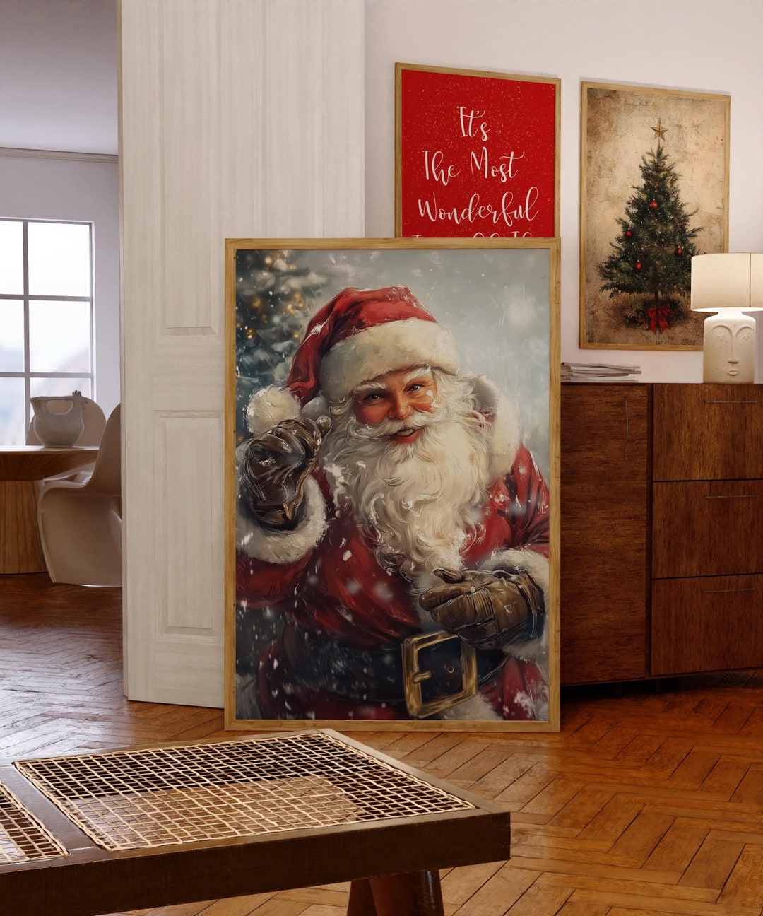 Vintage Santa Wall Art, Printable Christmas Art, Rustic Winter Holiday ...