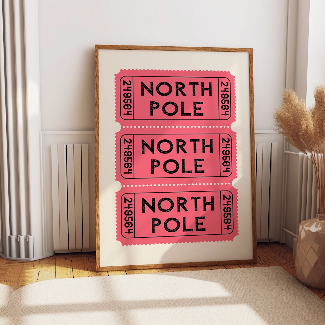 North Pole Ticket Poster, Retro Ticket Wall Art, Pink Christmas Decor ...