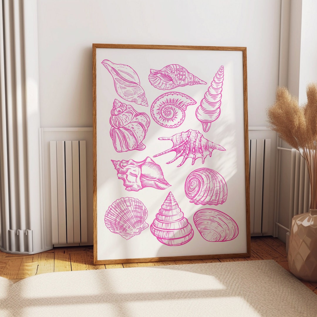 Seashells Pink Print, Vintage Beachy, Seashell Line Art, Coastal ...