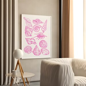Seashells Pink Print, Vintage Beachy, Seashell Line Art, Coastal ...