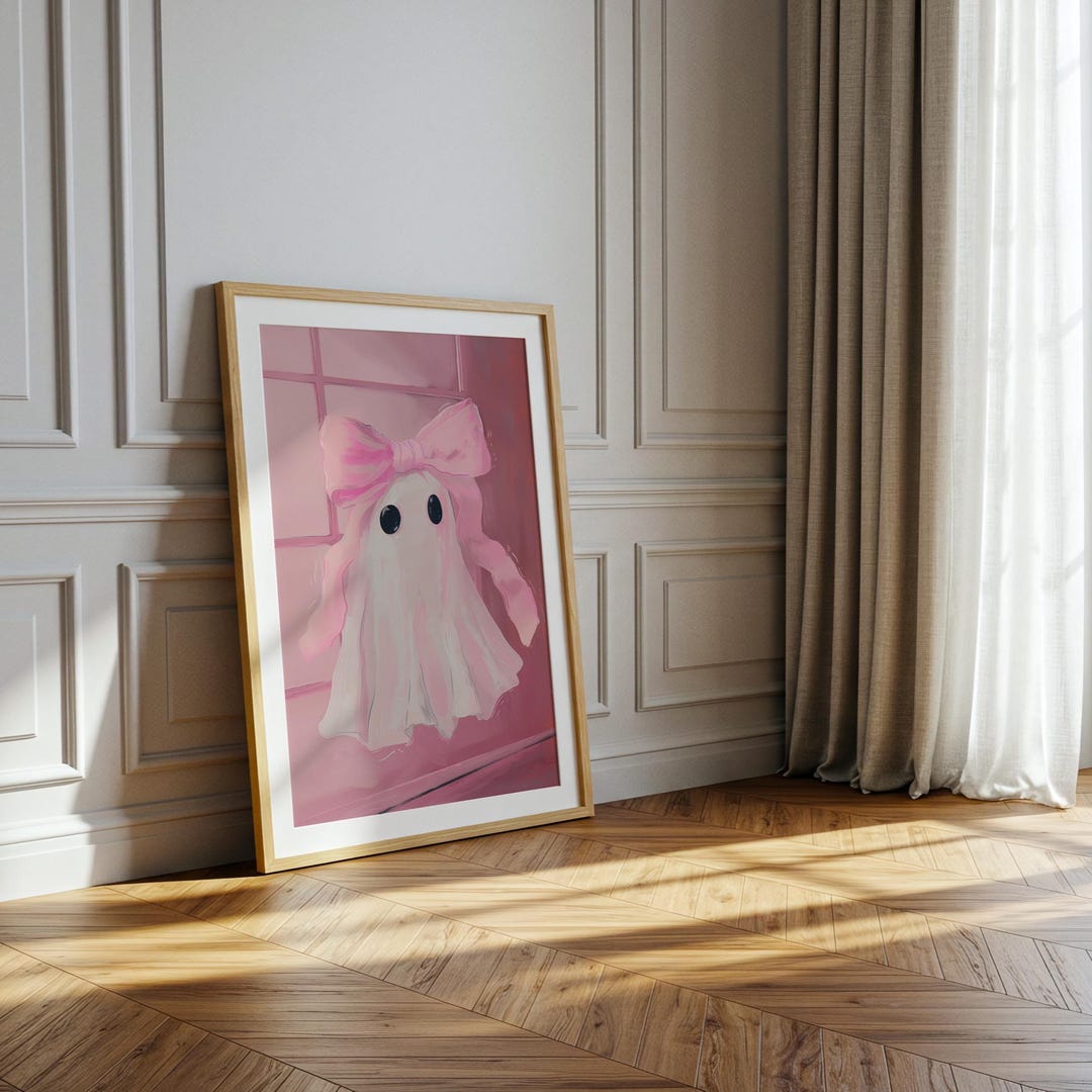 Pink Bow Ghost Wall Art Print, Halloween Decor, Preppy Trendy Printable ...