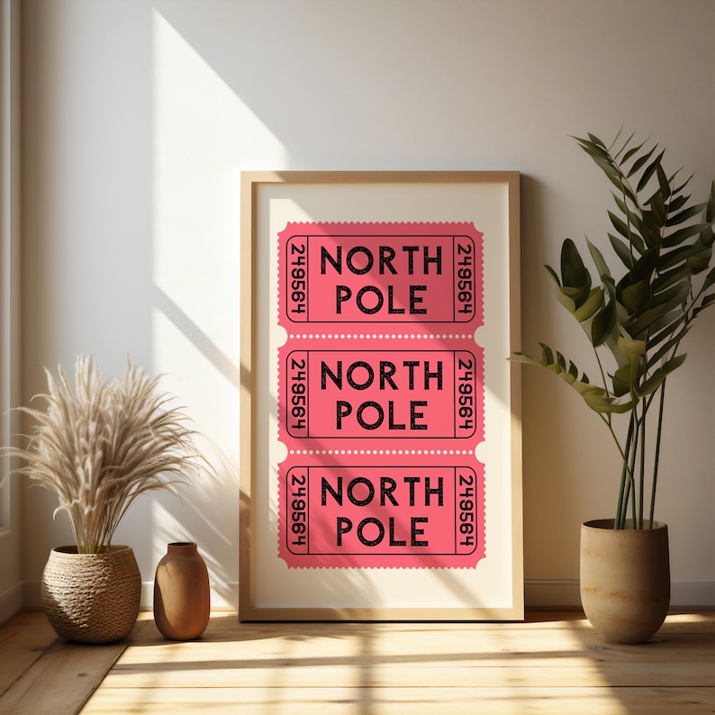 North Pole Ticket Poster, Retro Ticket Wall Art, Pink Christmas Decor ...