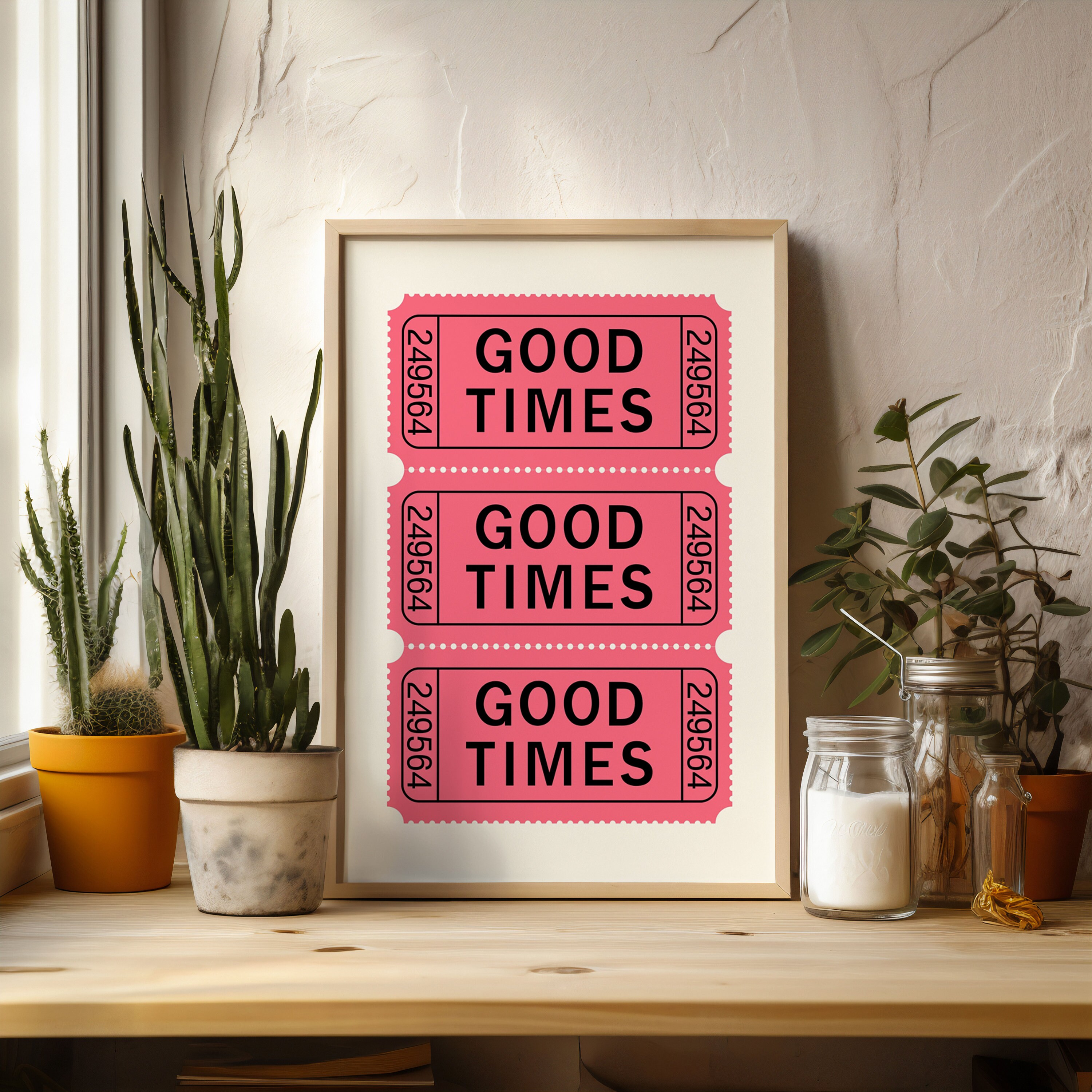 Retro Good Times Prints, Pink Ticket Wall Art, Trendy Printable Art ...