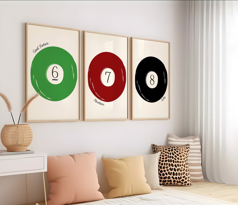 Set of 3 Vintage Pool Ball Prints, Retro Hand-drawn Wall Art, Lucky ...