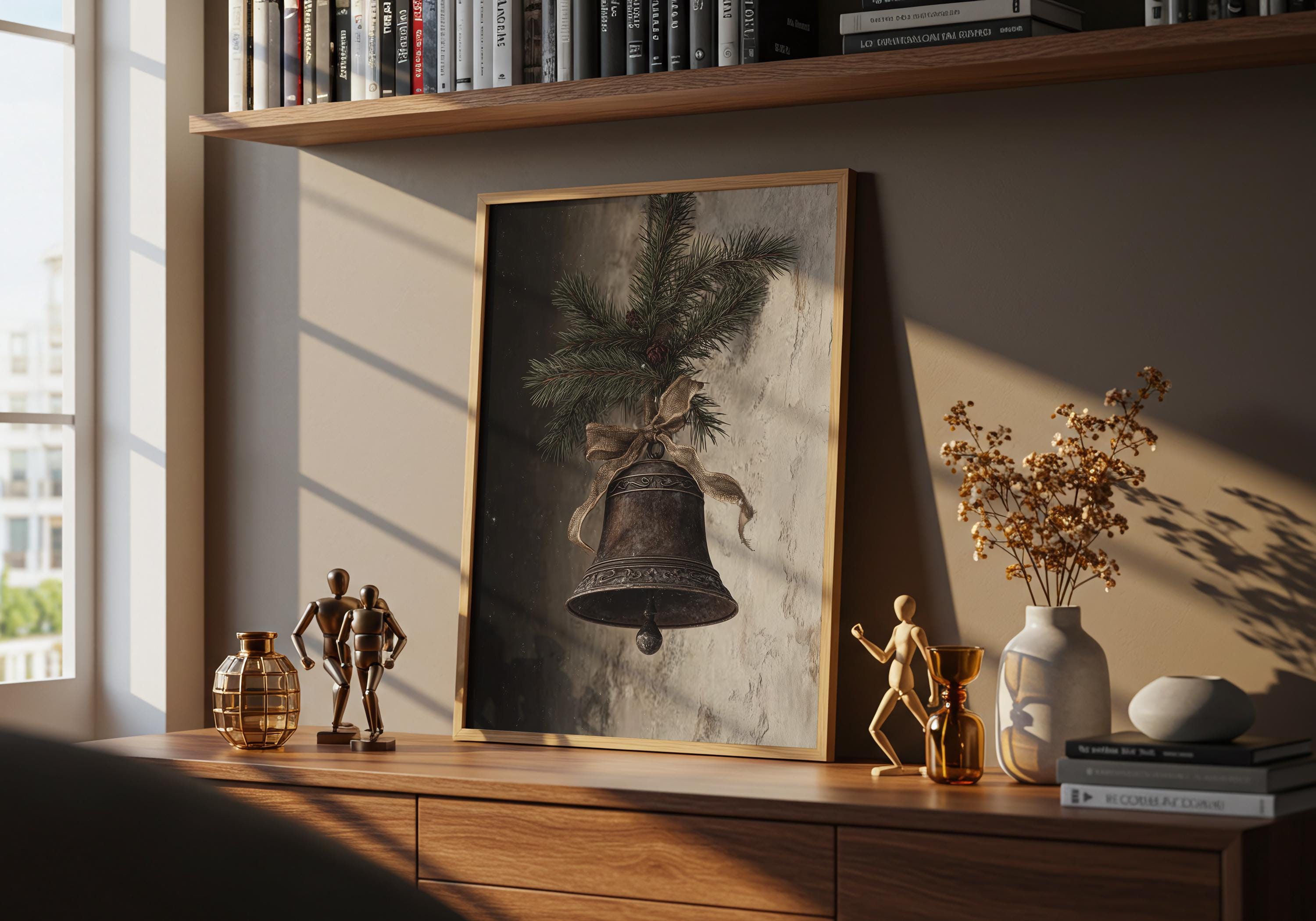 Rustic Christmas Bell Print | Vintage Holiday Wall Art | Neutral Winter ...