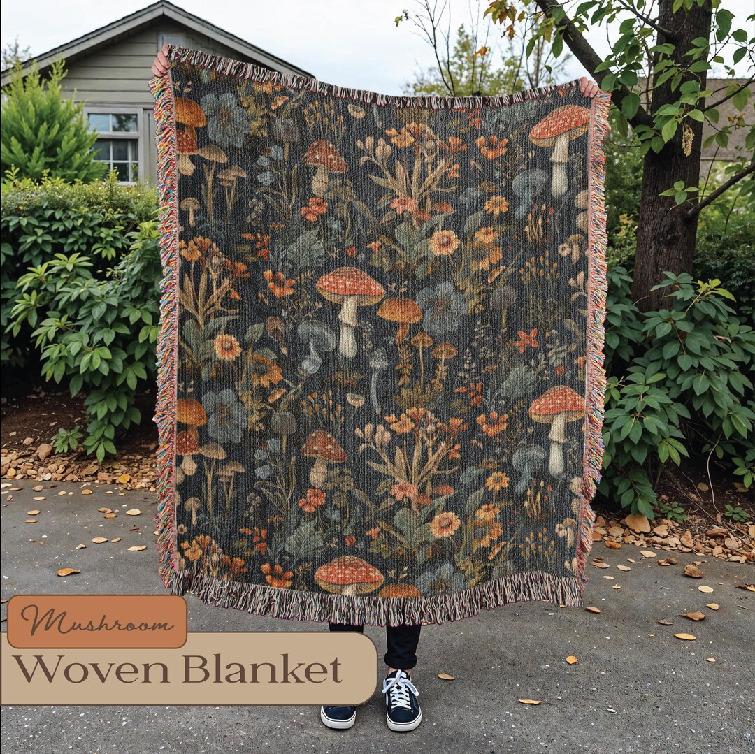 Vintage-inspired Woven Mushroom Blanket - Cottagecore Botanical Throw ...
