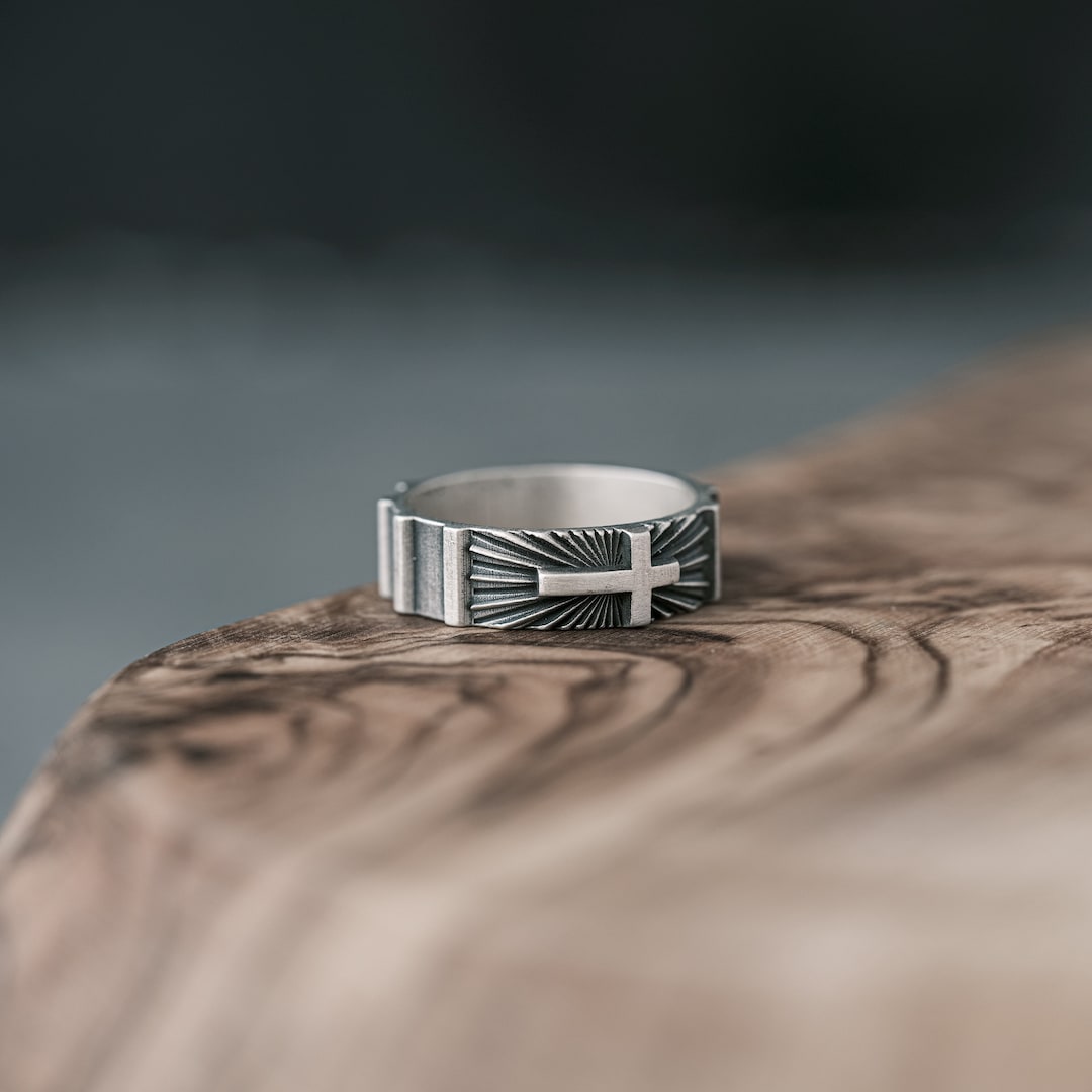 Christian Cross Men Promise Ring, Cross Handmade Wedding Band, Silver ...