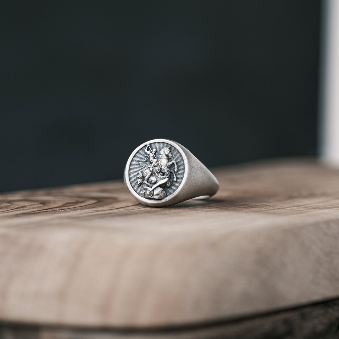 St. George of Lydda Dragon Ring Sterling Silver Christian Mens Pinky ...