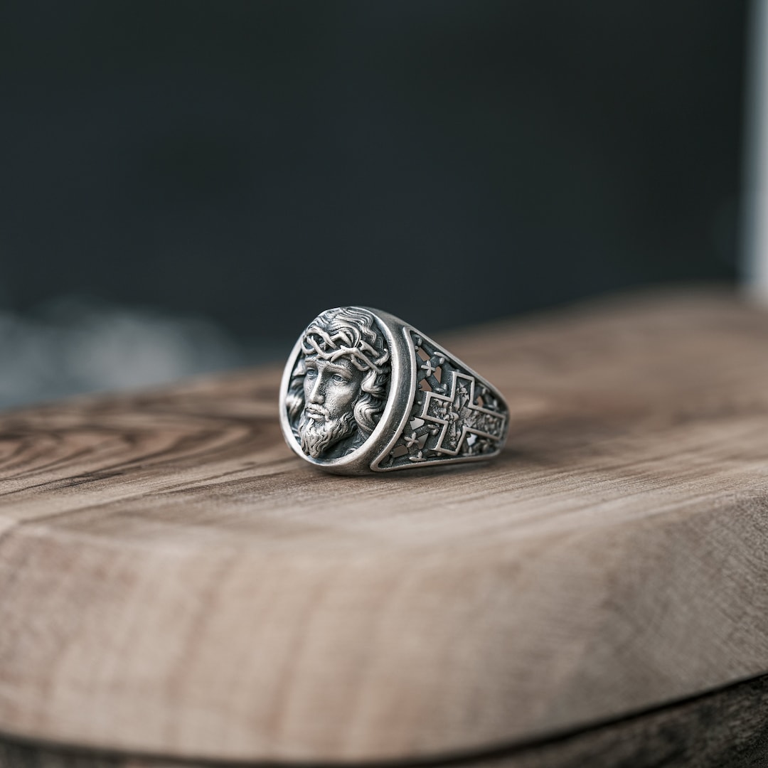 Crown of Thorns Jesus Ring, Sterling Silver Cross Signet, Religious ...