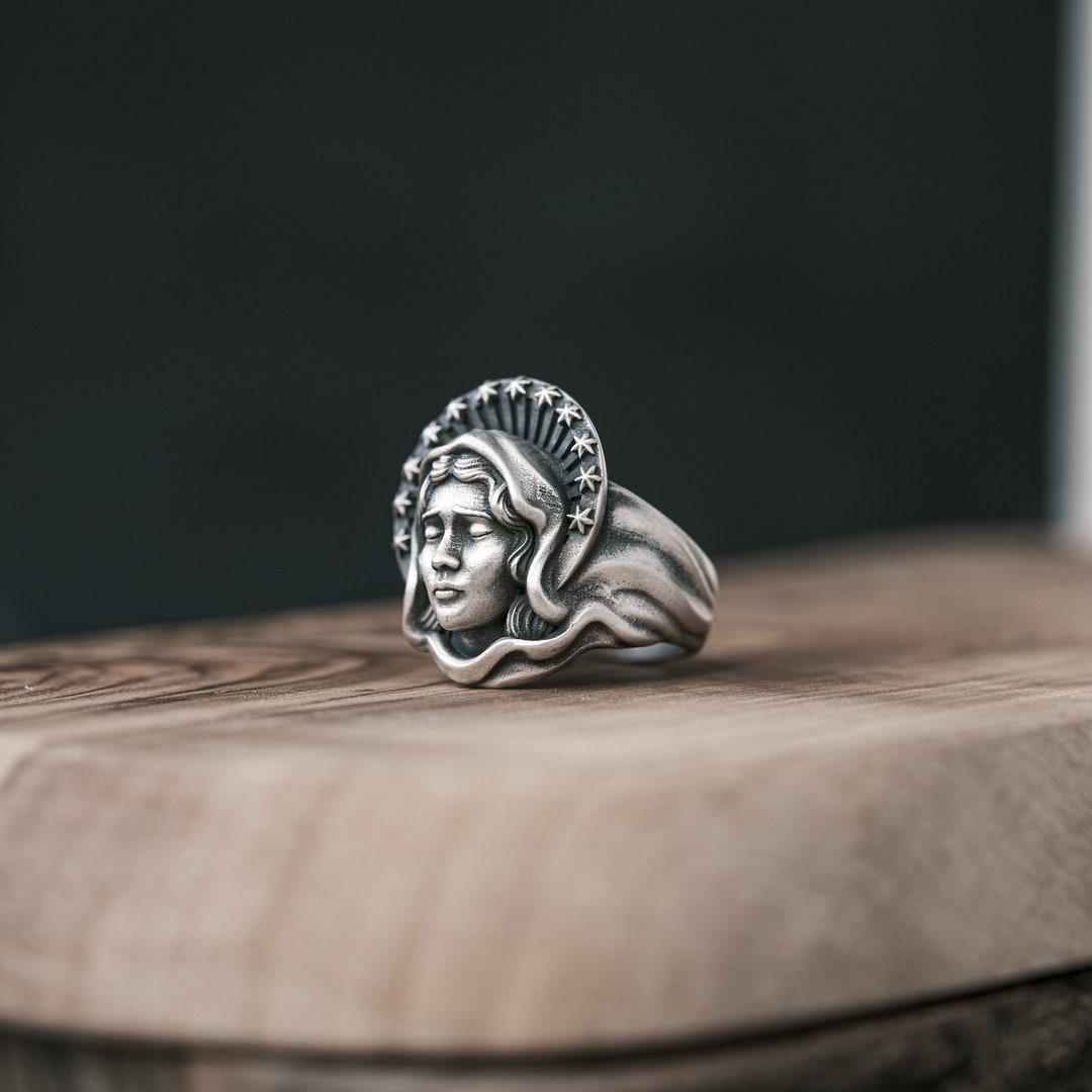Sterling Silver Virgin Mary Ring for Mens Oxidized Silver Christian ...