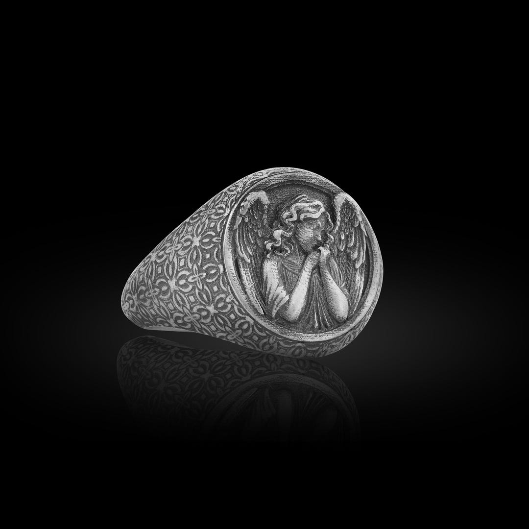 Guardian Angel Signet Ring, Handmade Oxidized 925k Silver - Etsy