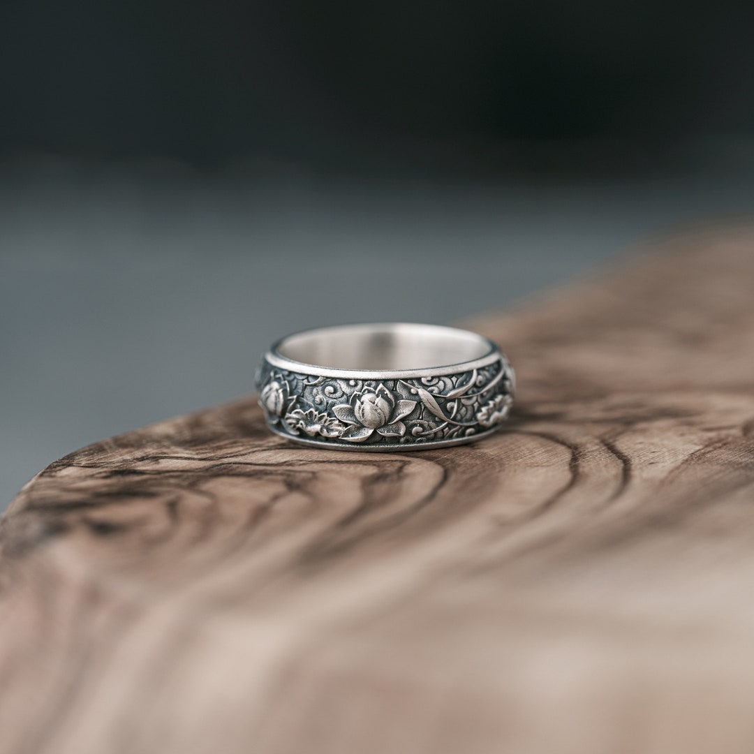 Sacred Lotus Flowers Promise Ring for Couples Silver Japanesse Kanji ...