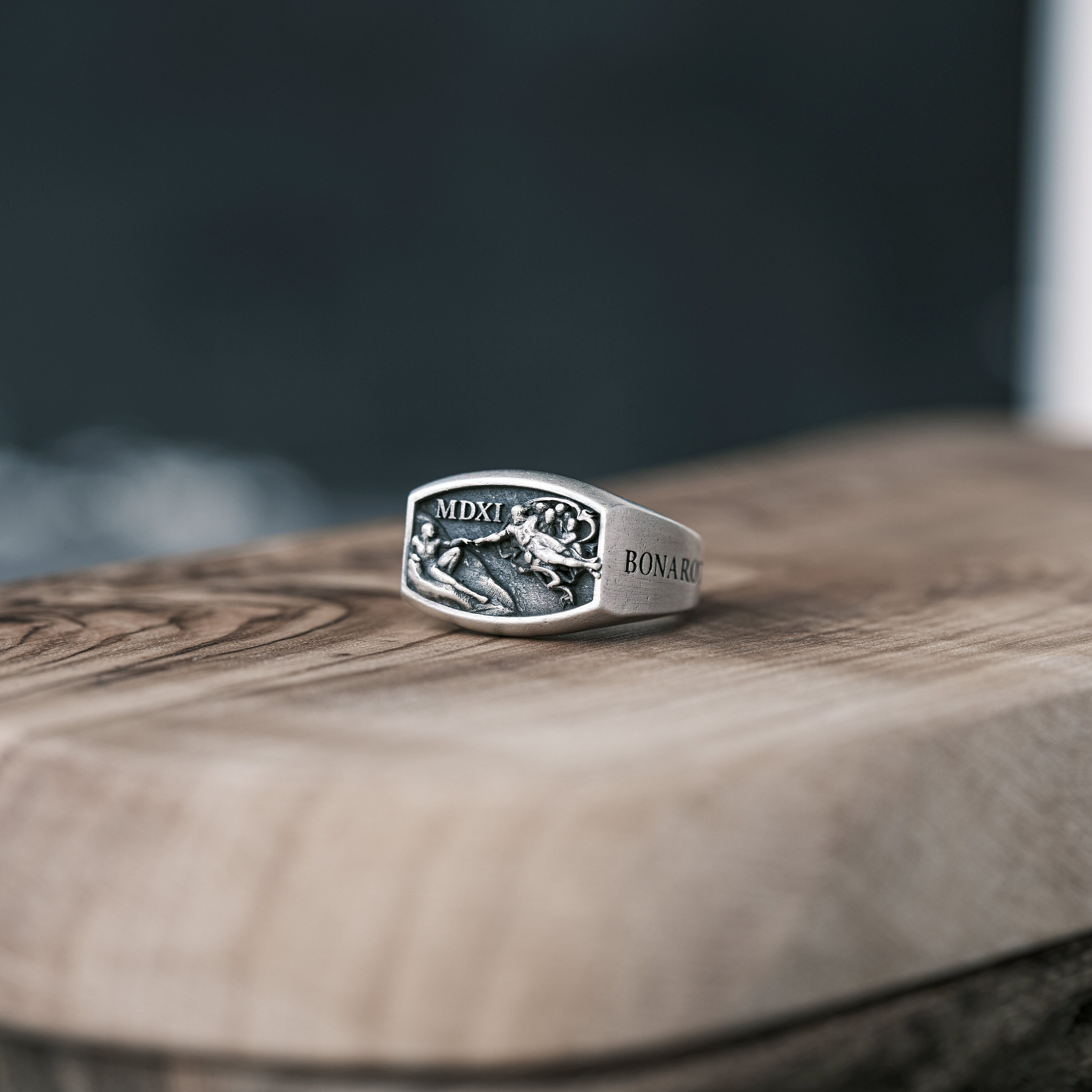 The Creation of Adam Ring, Michelangelo Renaissance Signet Mens Ring in ...