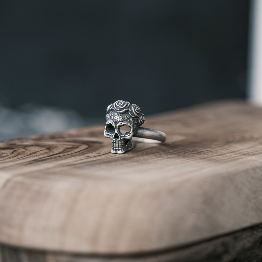 Oxidized Sterling Silver Mexican Skull Ring, Floral Biker Jewelry - Etsy