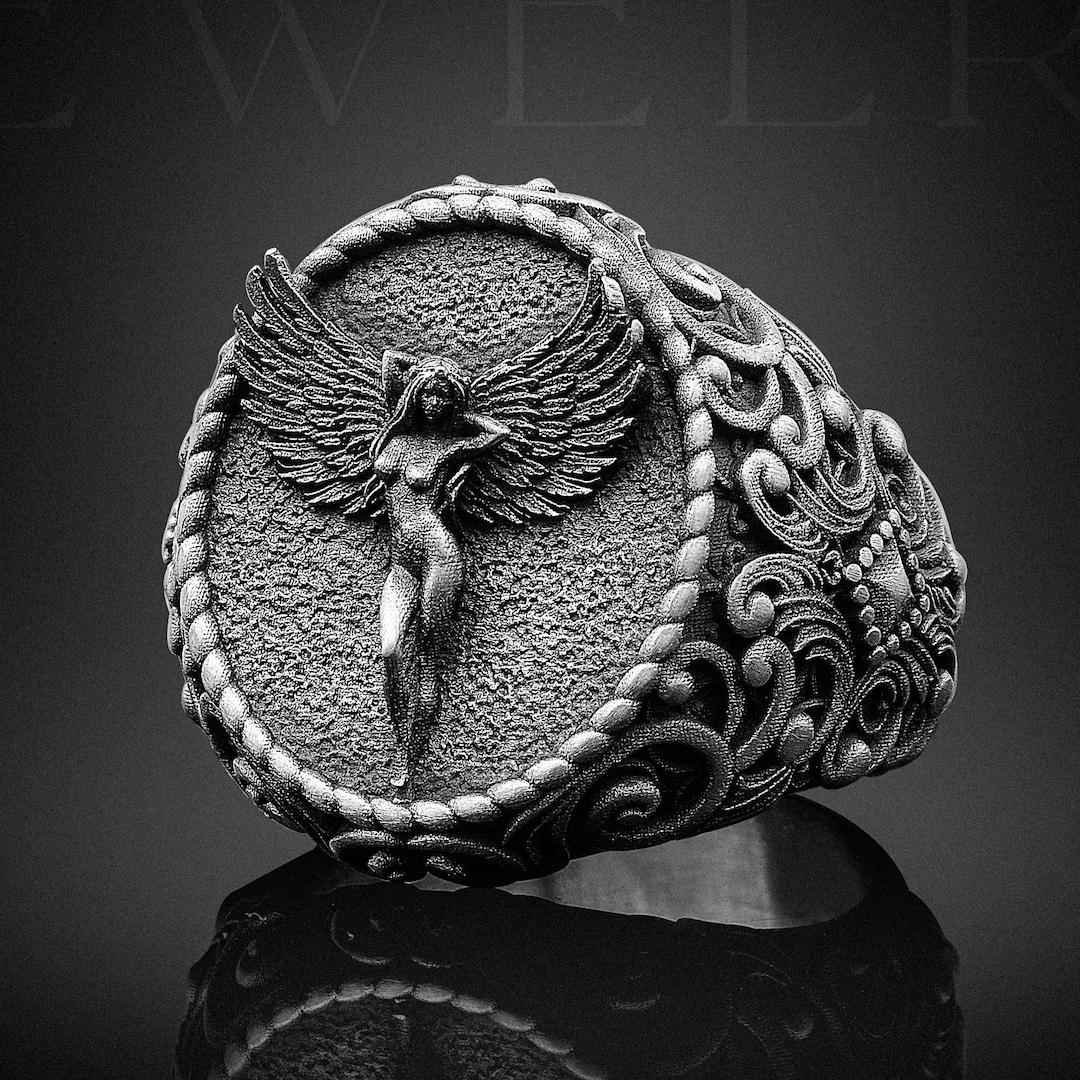Sterling Silver Angel Wings Signet Ring, Gothic Biker Style - Etsy