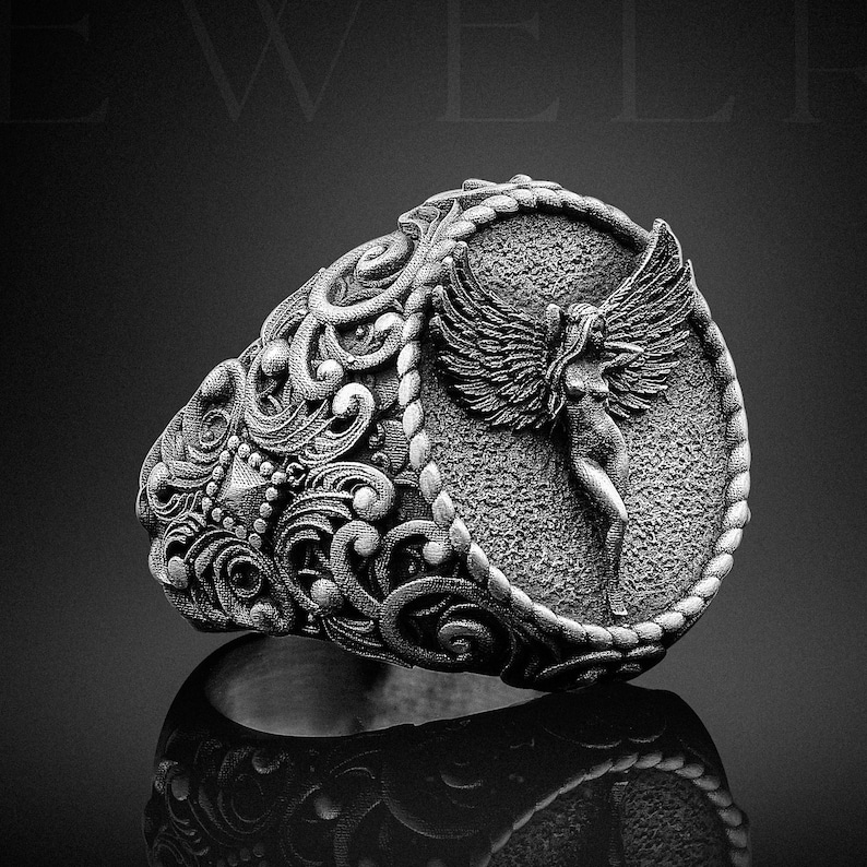 Sterling Silver Angel Wings Signet Ring, Gothic Biker Style - Etsy