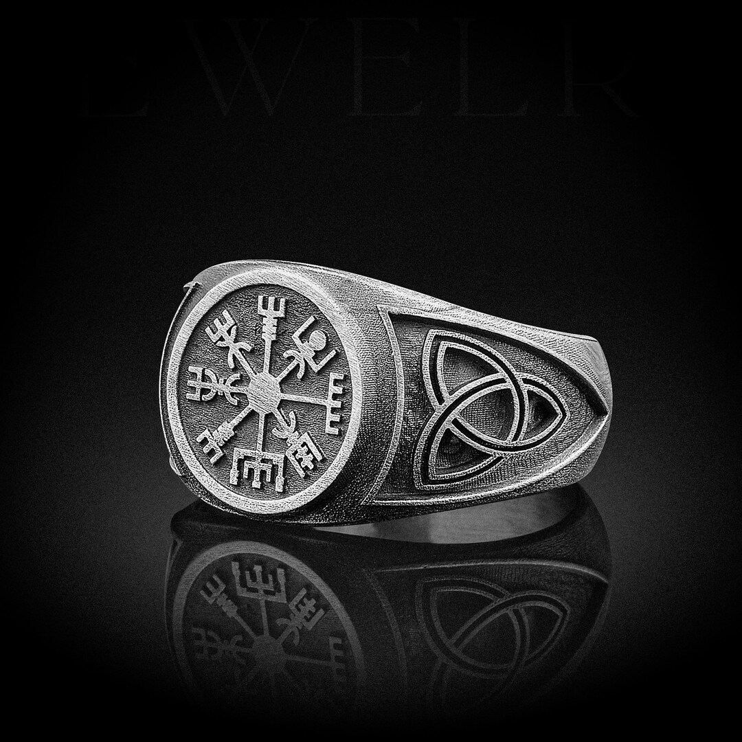 Vegvísir Celtic Signet Ring, Trinity Knot Handmade Sterling Silver Men ...