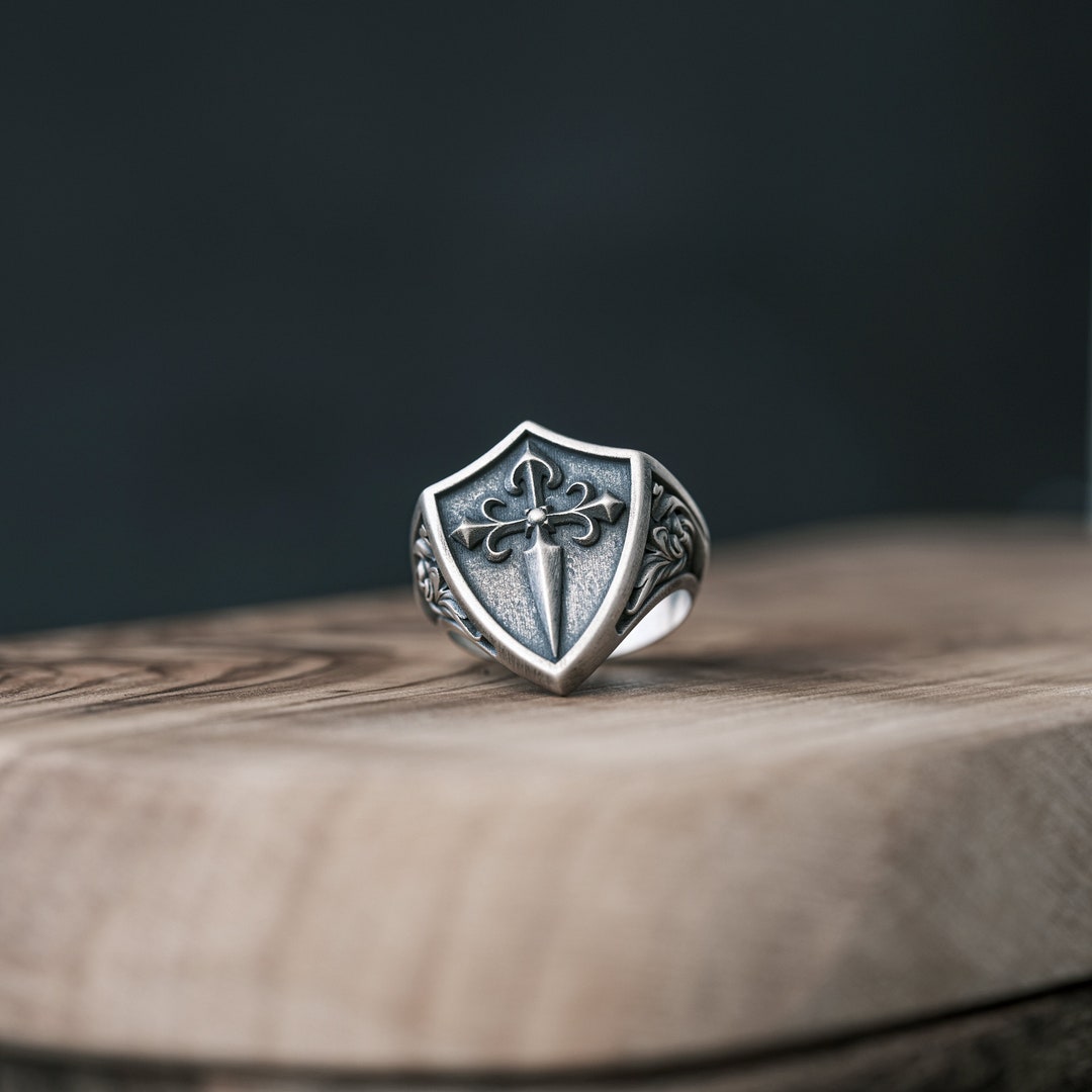 Silver Mens Shield Ring, Sterling Christian Religious Rings, Sword ...