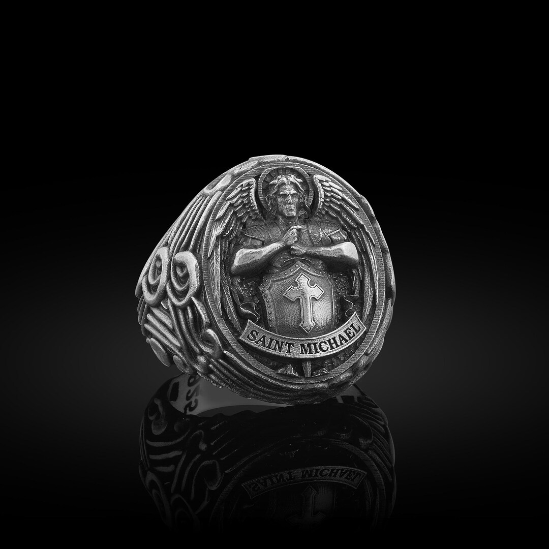 Saint Michael Archangel Signet Ring, Oxidized 925 Sterling Silver ...