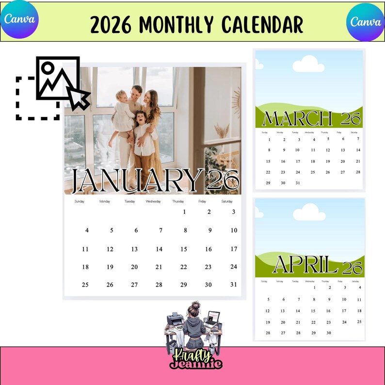 2026 Monthly Calendar Canva Template | Editable Printable Planner ...
