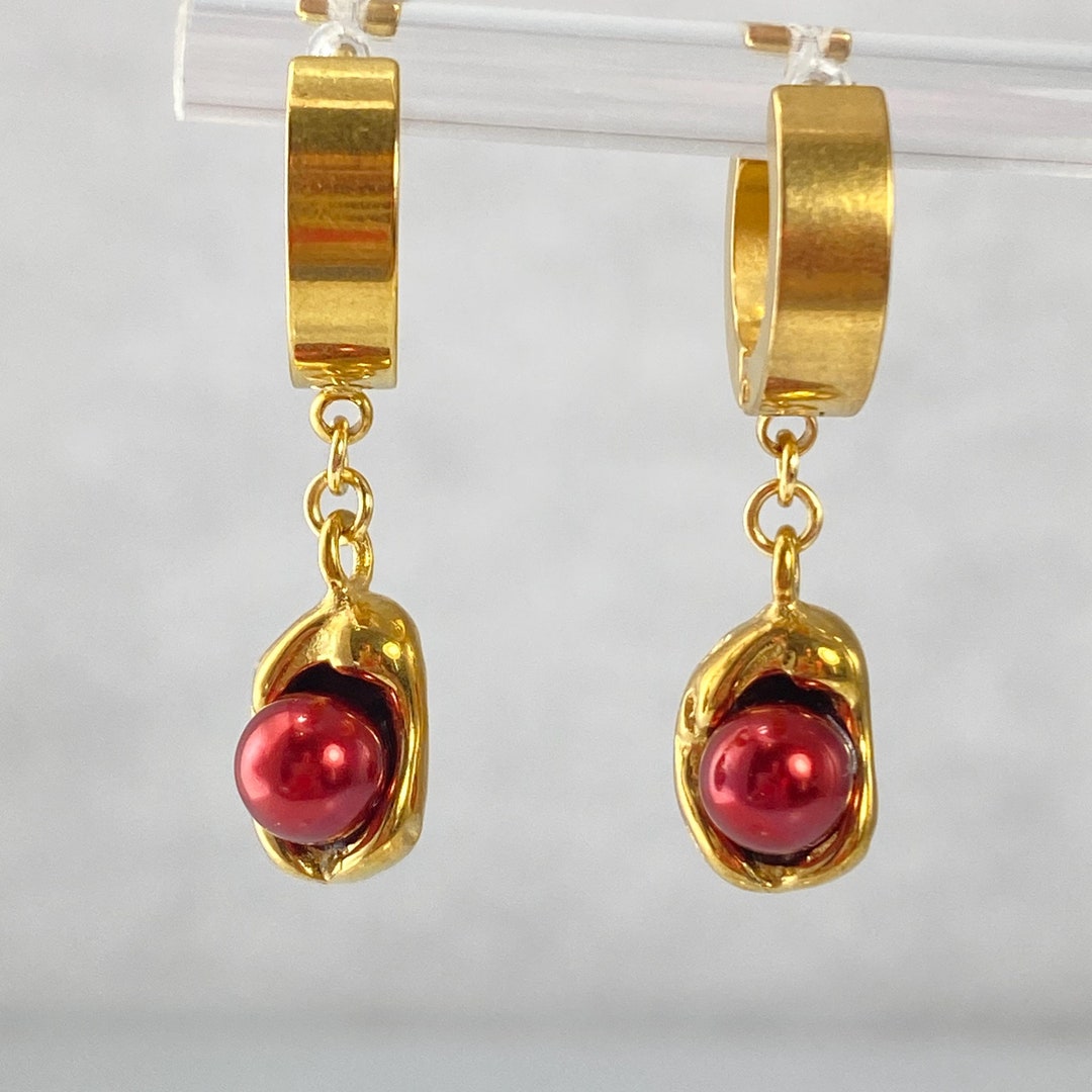 Red Pearl in Gold Bean Pods on Stainless Steel Huggie Hoop Earrings ...