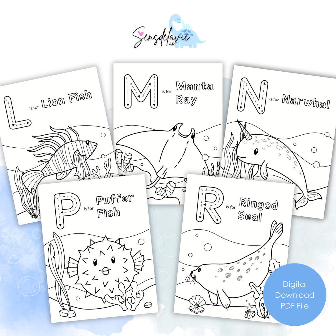 Sea Themed ABC Printable Coloring Book for Kids Ocean Alphabet Art for ...