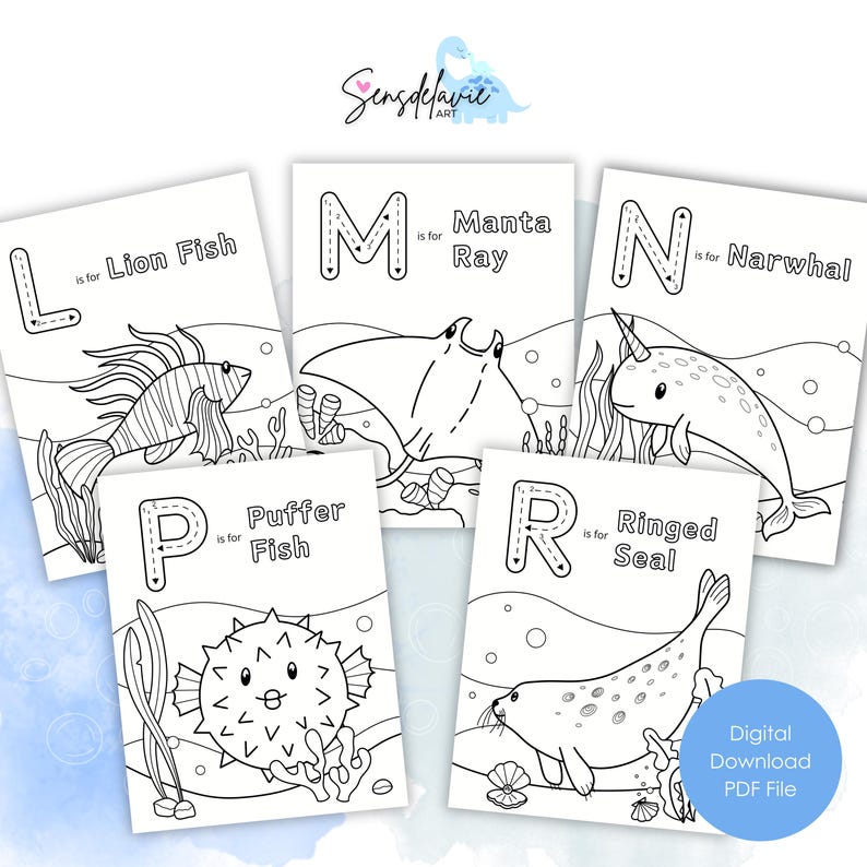 Sea Themed ABC Printable Coloring Book for Kids Ocean Alphabet Art for ...