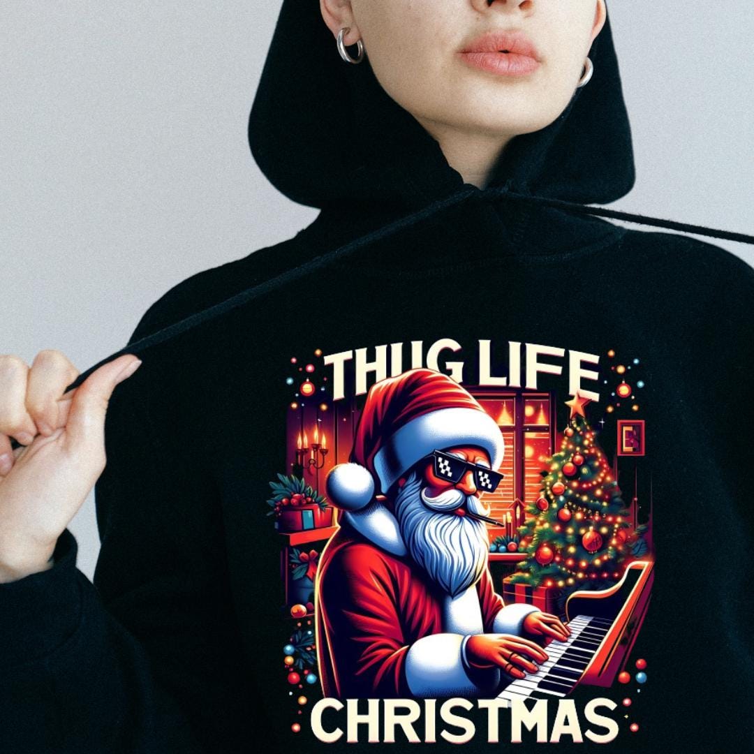Thug Life Christmas Shirt Cool Santa Playing Piano Holiday Tee Funny ...
