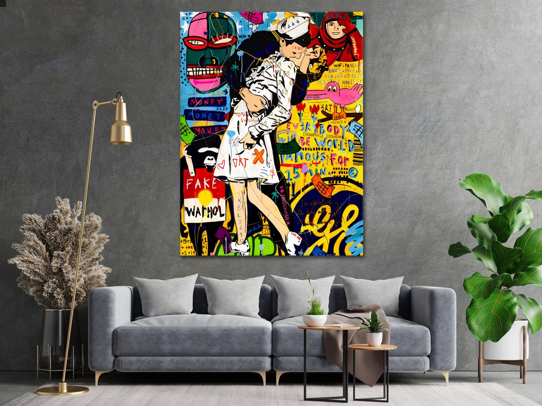 Graffiti Street Art world War End Kiss, Famous Neo Expressionism Canvas ...