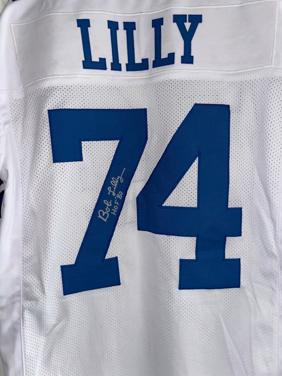 BOB LILLY Autographed hall of Fame 1980NFL Football Jersey, Dallas Cowboys Defensive Tackle ...