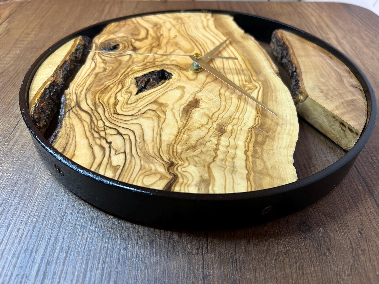 Olive Wood & Metal Handmade Wall Clock, Farmhouse Large Wall Clock ...