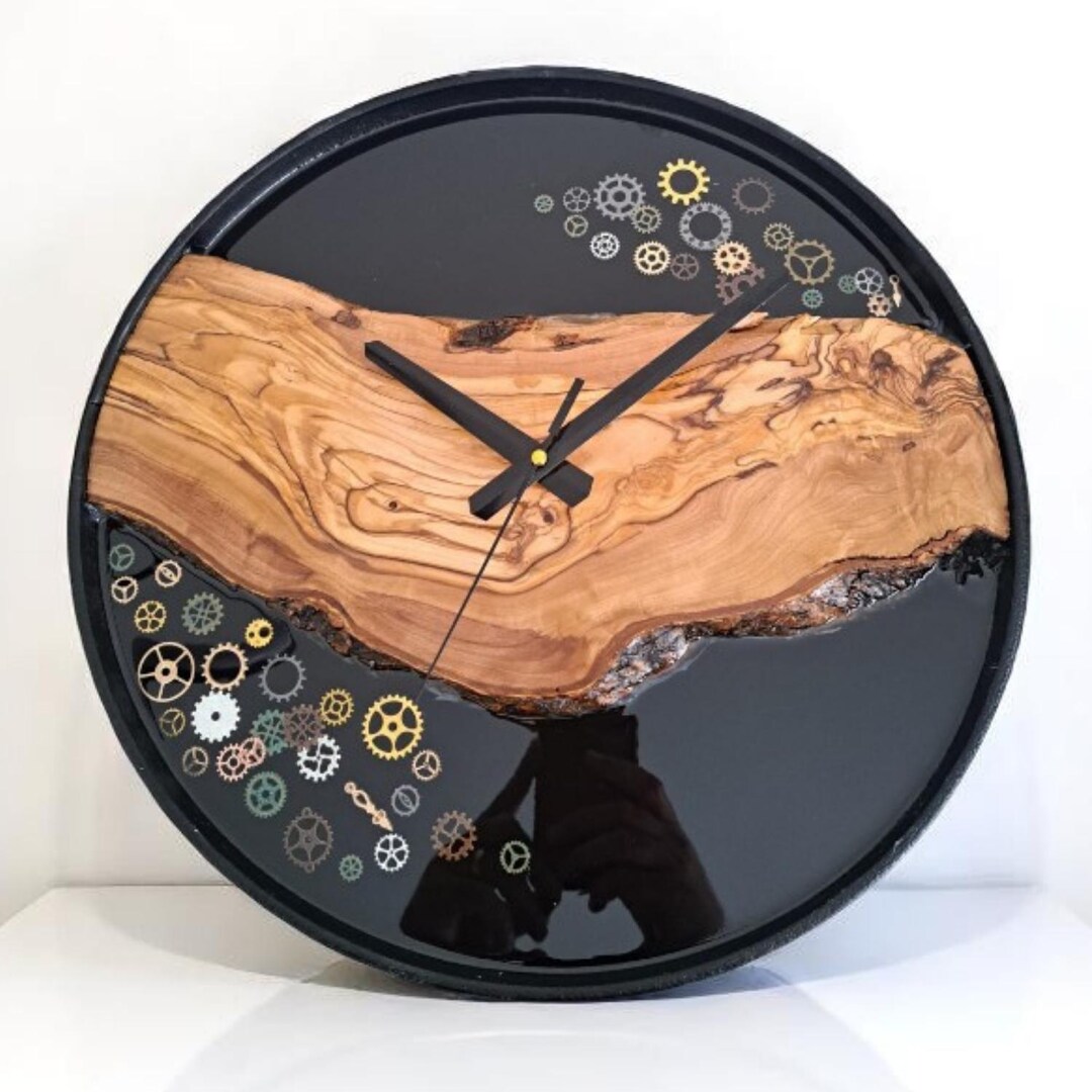 Handmade Steampunk Olive Wood Wall Clock, Live Edge Botanical Gear ...