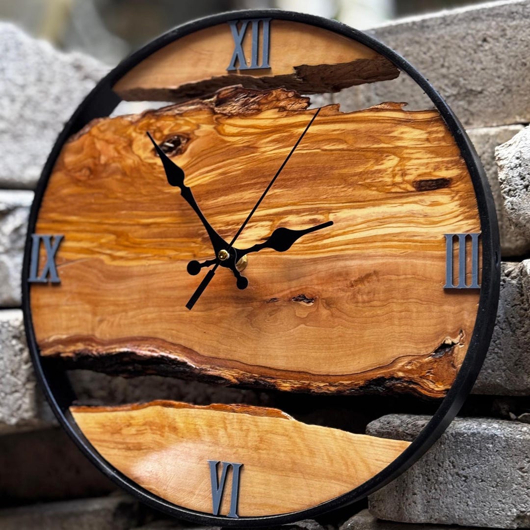 Oversized Wall Clock Made of Olive Wood, Handmade Wall Clock, Live Edge ...