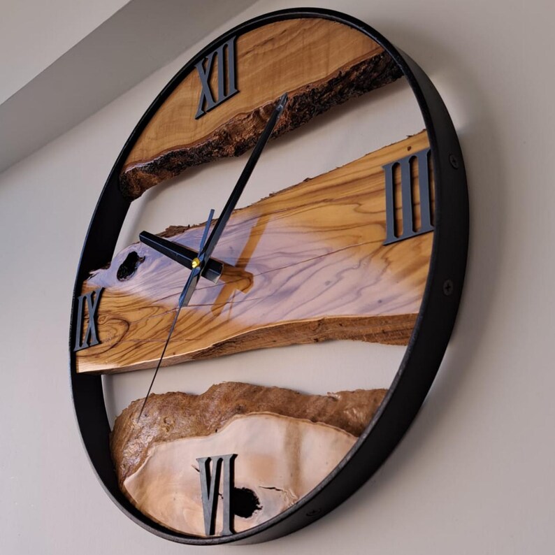 Olive Wood Oversized Wall Clock, Large Wall Clock With Wood and Metal ...