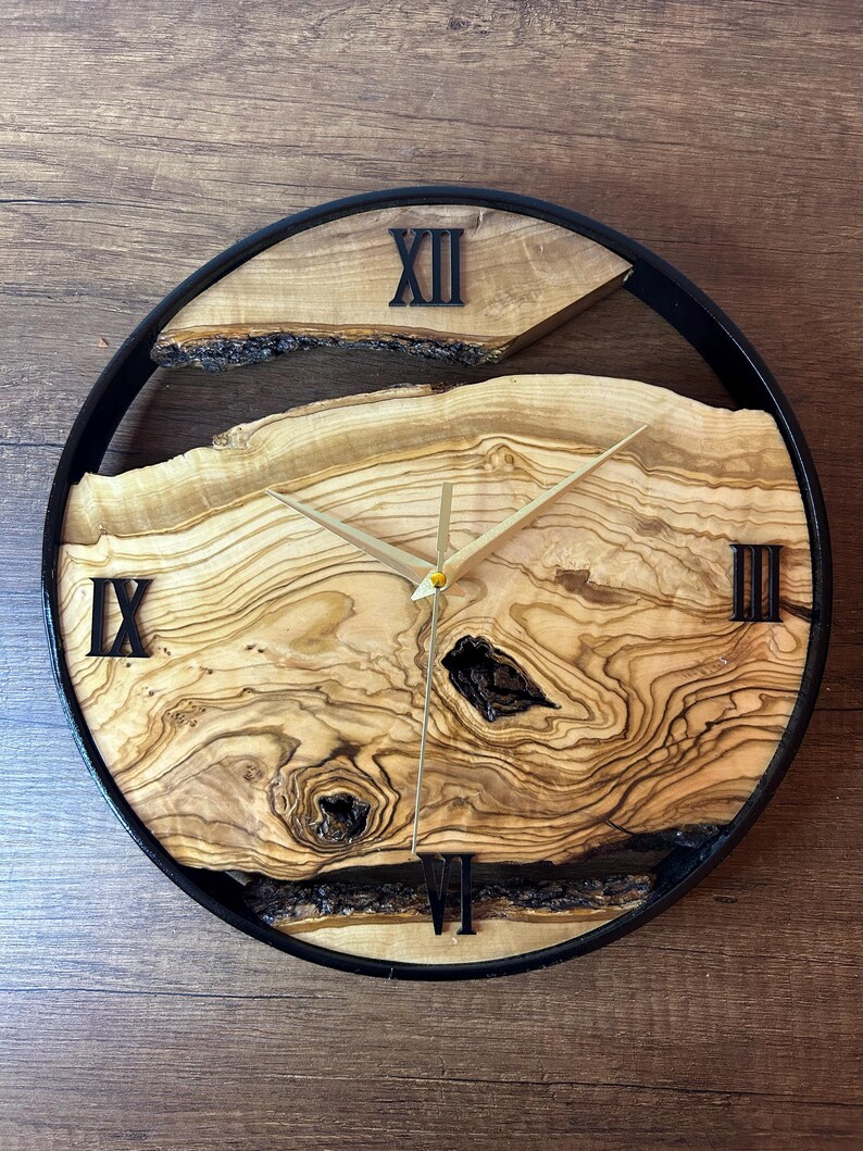 Olive Wood & Metal Handmade Wall Clock, Farmhouse Large Wall Clock ...