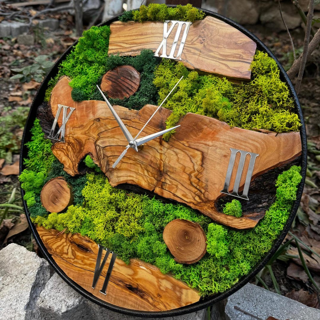 Metal & Olive Wooden Wall Clock, Moss Wall Art, Moss Wall Clock, Moss ...