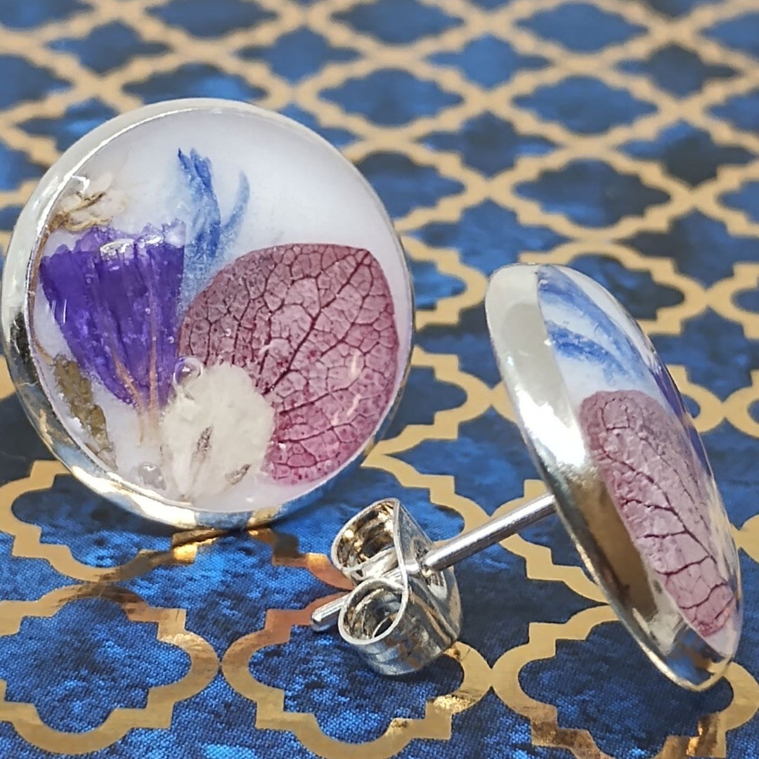 Botanical Resin Earings violet and Pink Composition - Etsy