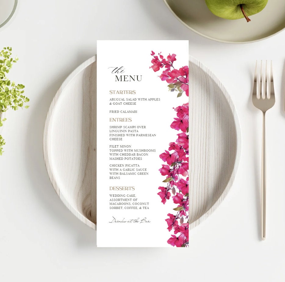 Floral Bougainvillea Menu Template, Wedding Menu, Pink Floral Menu ...