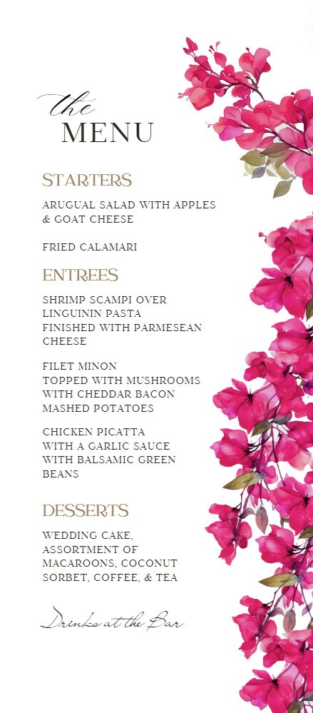 Floral Bougainvillea Menu Template, Wedding Menu, Pink Floral Menu ...