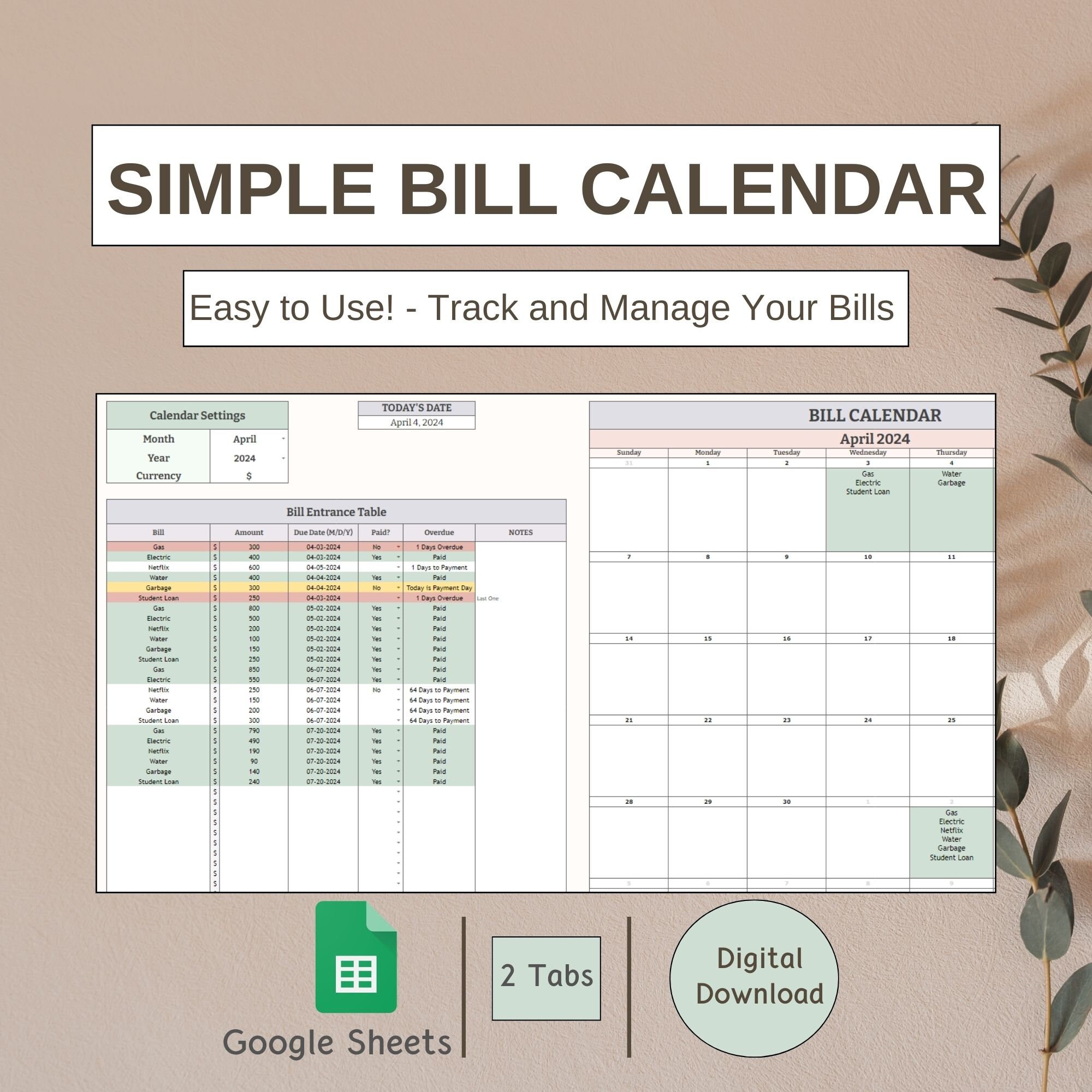 Bill Tracker Google Sheets Monthly Bill Calendar Google Sheets Bill ...